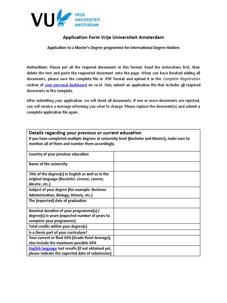 Application Form Vrije Universiteit Amsterdam: Your Personal Dashboard ...