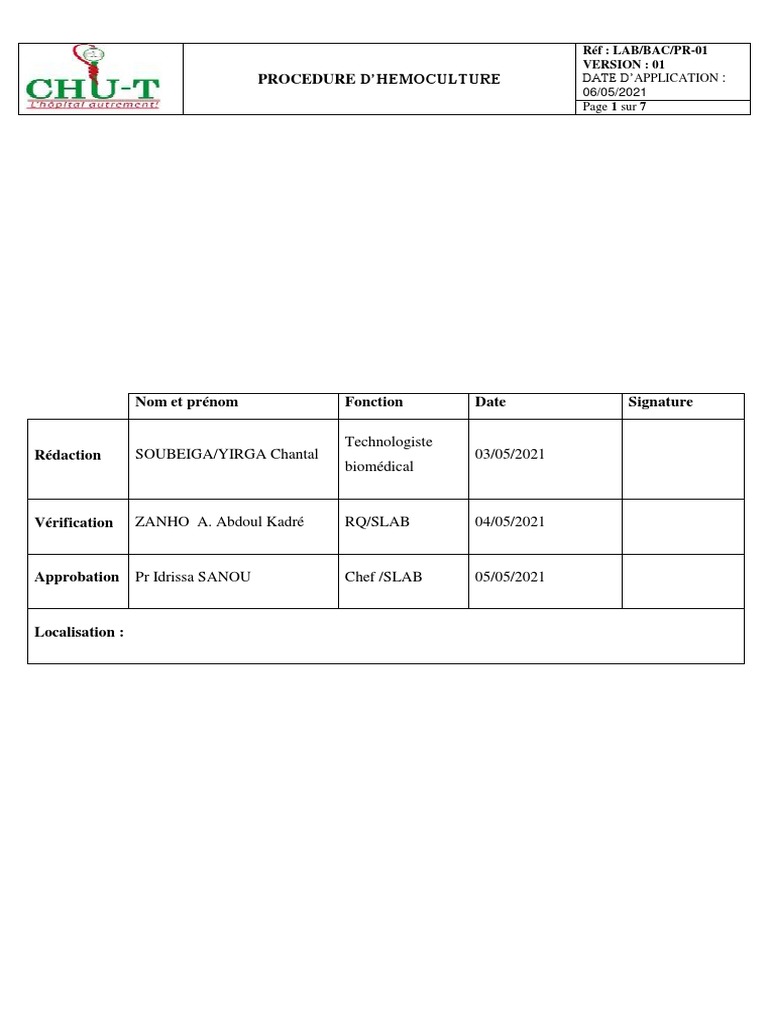 01 Procedure D'hemoculture | PDF | Laboratoire de biologie médicale | Sciences de la santé
