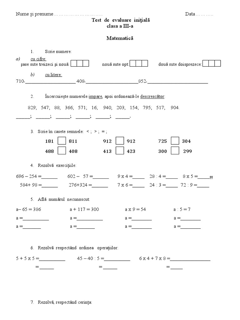 Evaluare Initiala Mate Cls. A III-a | PDF