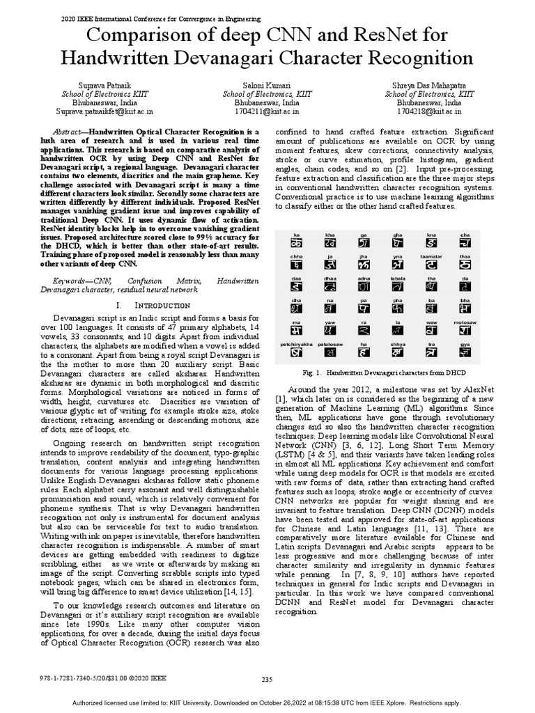 Comparison of Deep CNN and ResNet For Handwritten Devanagari Character Recognition | PDF ...