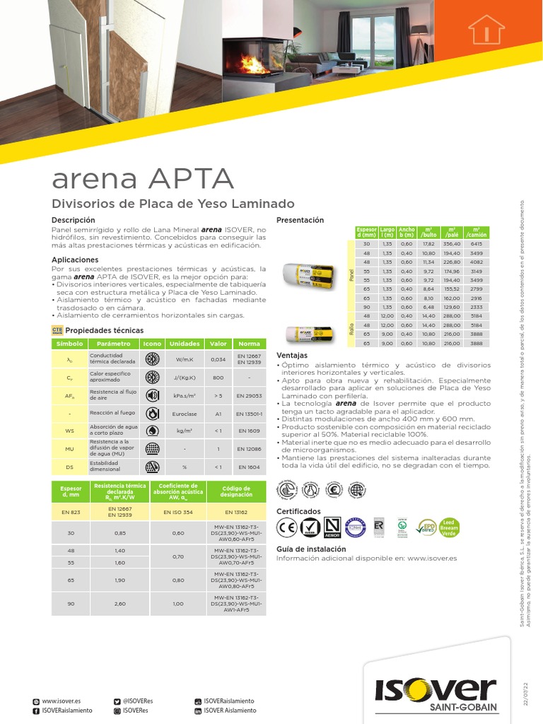Ficha Técnica de Arena APTA ISOVER | PDF | Aislamiento térmico ...