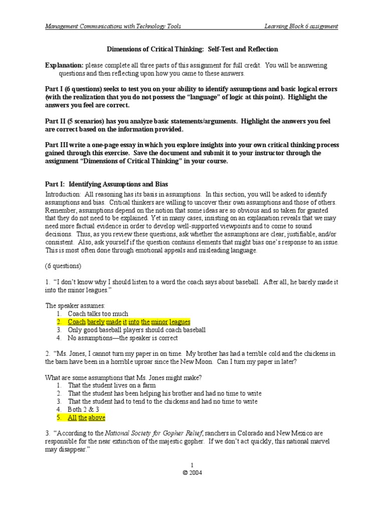 Dimensions of Critical Thinking Ekw | Outsourcing | Critical Thinking