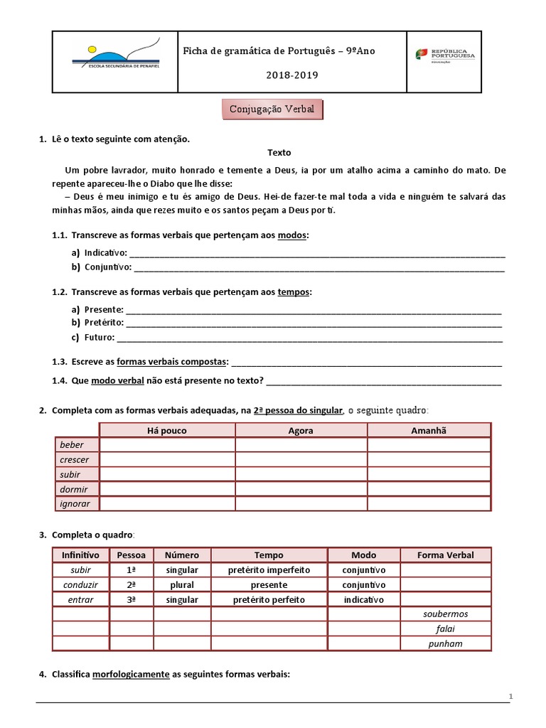 Conjugação Verbal Ficha | PDF | Conjugação gramática | Morfologia ...