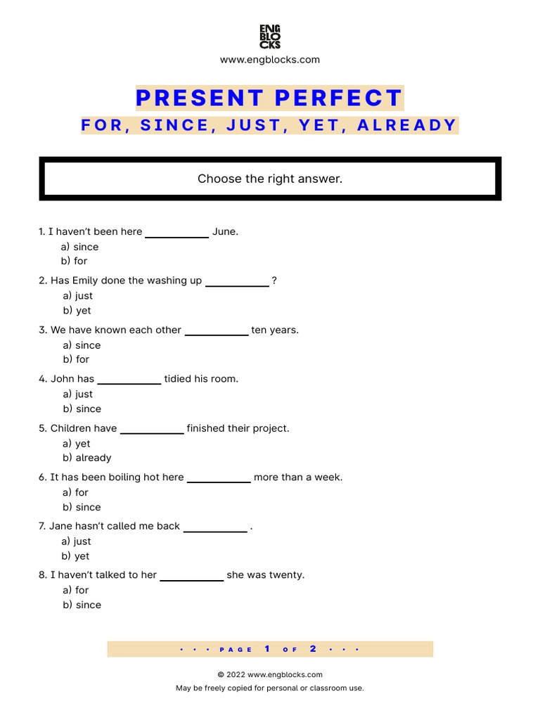 Present Perfect For Since Just Yet Already | PDF