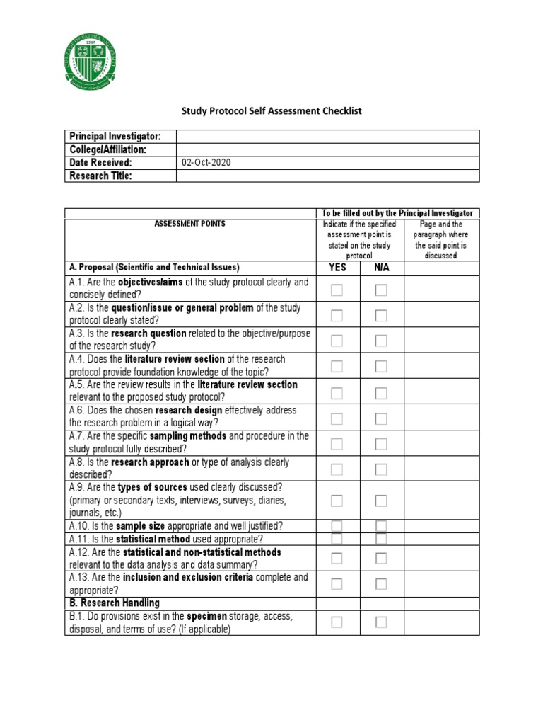 EDITABLE OLFU IERC Study Protocol Self Assessment Checklist | PDF ...