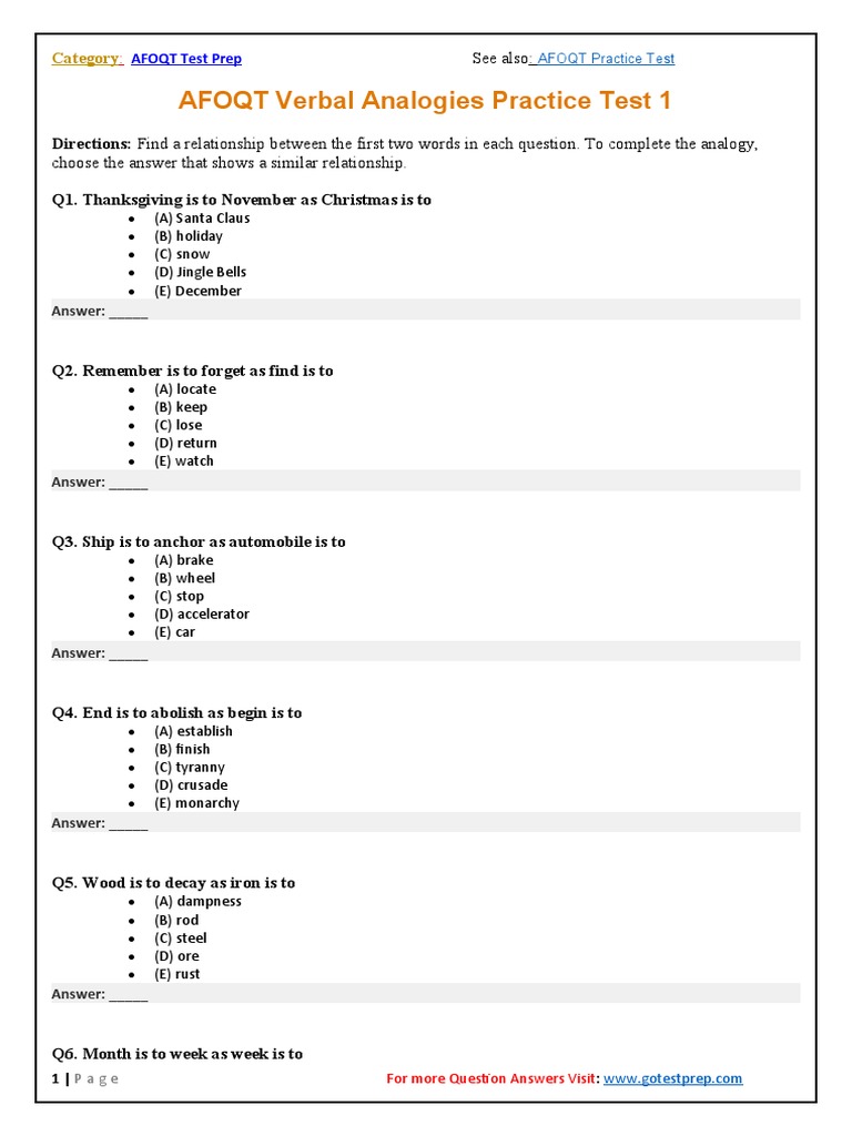 AFOQT Verbal Analogies Test 1 | PDF | Teaching Methods & Materials