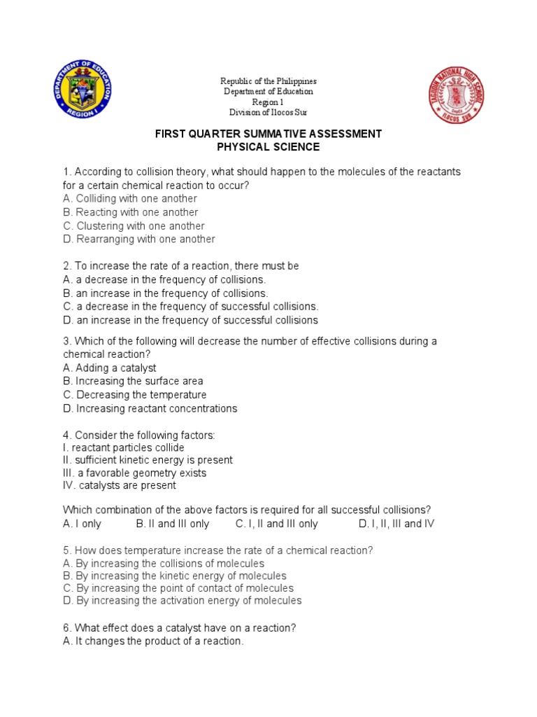 High School Physical Science Quiz | PDF | Reaction Rate | Activation Energy