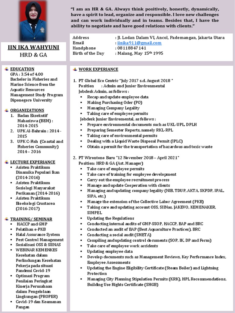 CV Iin Ika - HRD 2021 | PDF | Environmental Issues | Environment