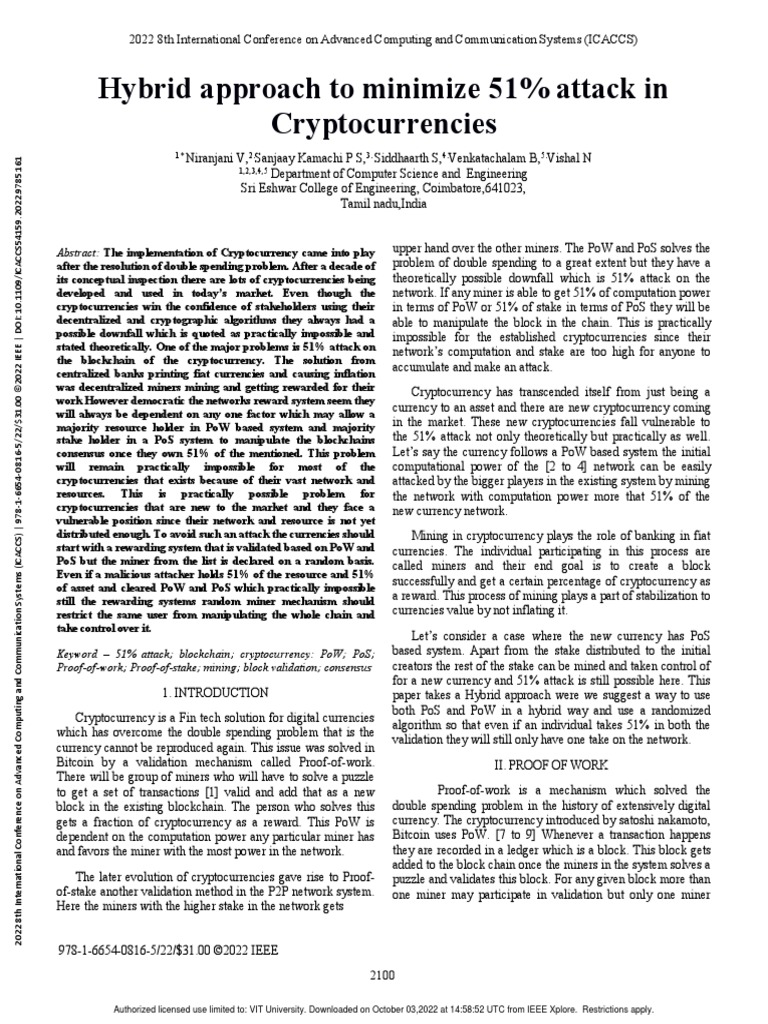 Hybrid Approach To Minimize 51 Attack In Cryptocurrencies Pdf Cryptocurrency Distributed