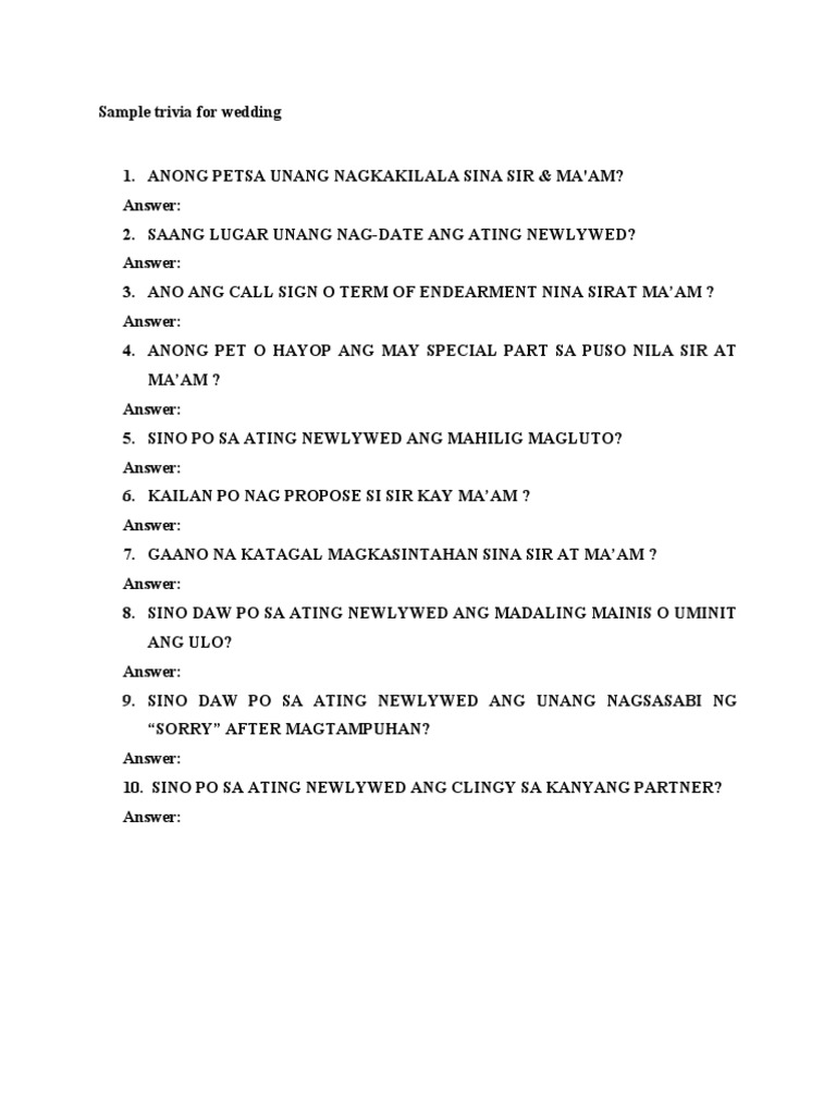 Mga Halimbawa NG Katanungan Kasal | PDF
