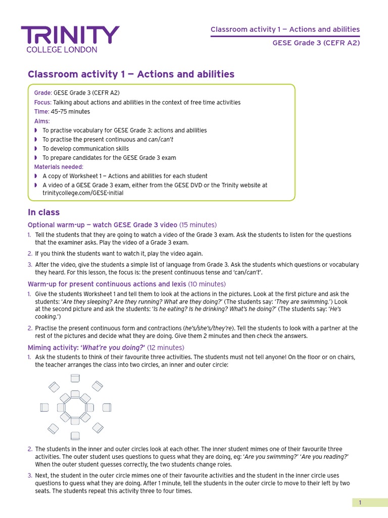 GESE G3 - Classroom Activity 1 - Actions and Abilities | PDF | Lesson ...