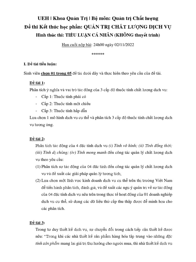 Thi KTHP - Tiểu luận cá nhân - Quản trị chất lượng dịch vụ K46 | PDF