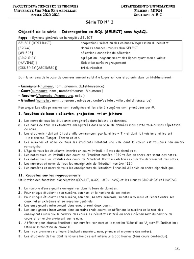 Serie - TD2 2021 | PDF | Données | SQL