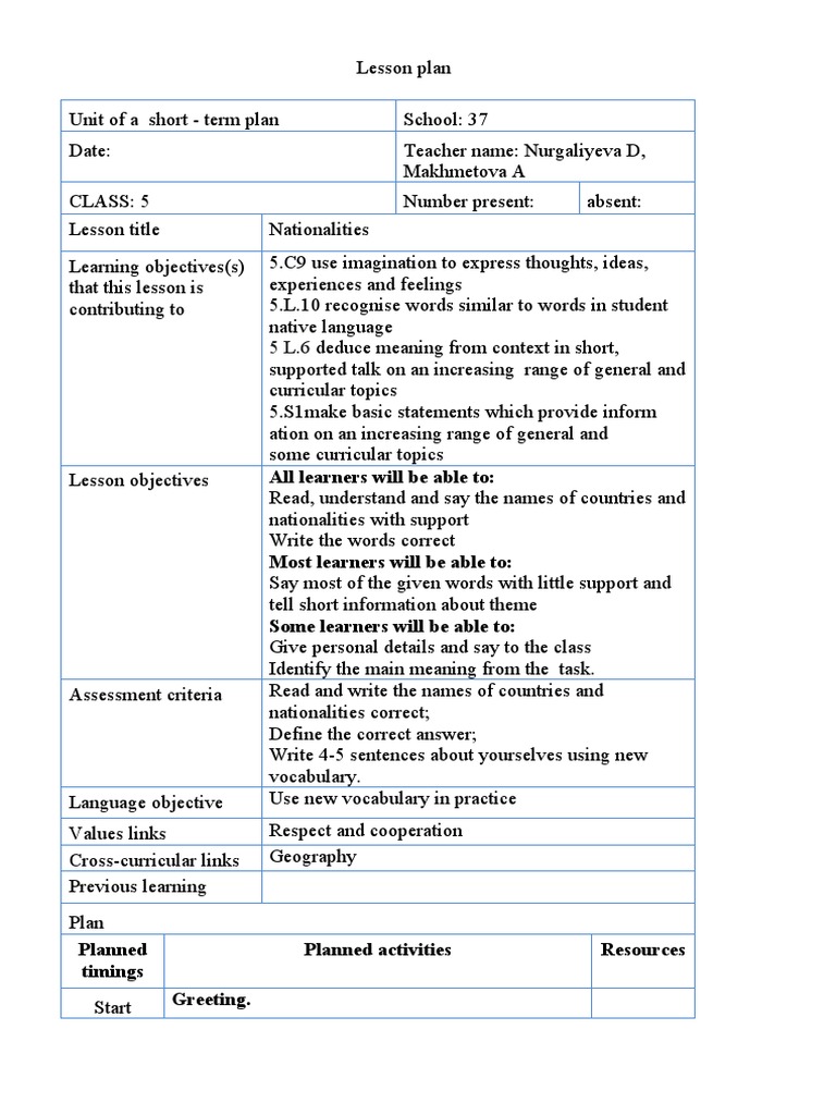5grade Short Term Plan | PDF | Vocabulary | Teachers