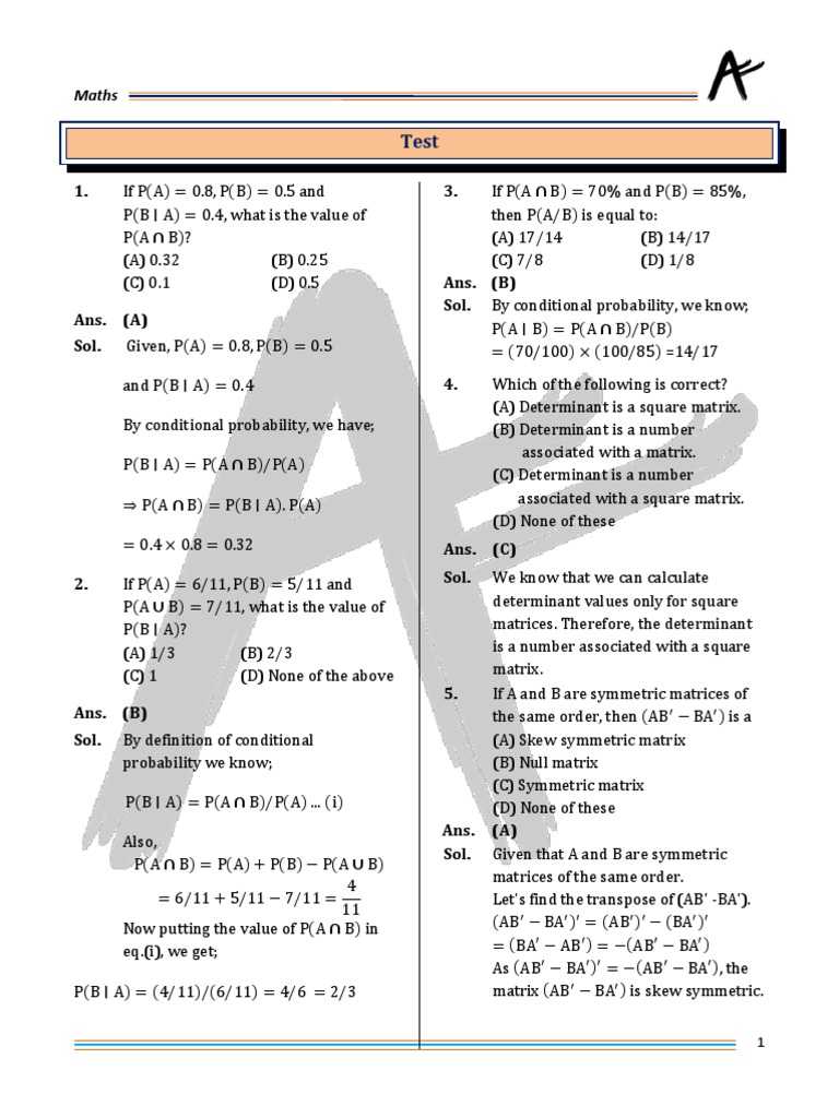 Maths Test 1 Pdf Matrix Mathematics Determinant