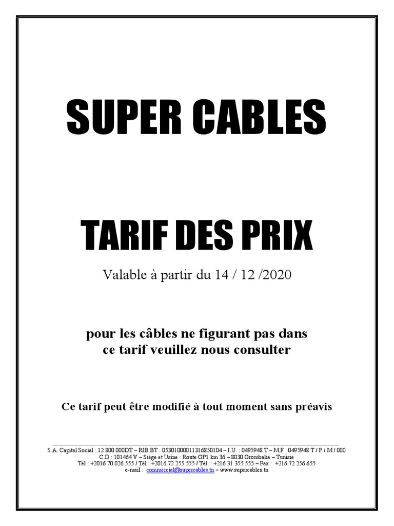 Tarifs des Super Câbles en Tunisie | PDF | Équipements électriques ...