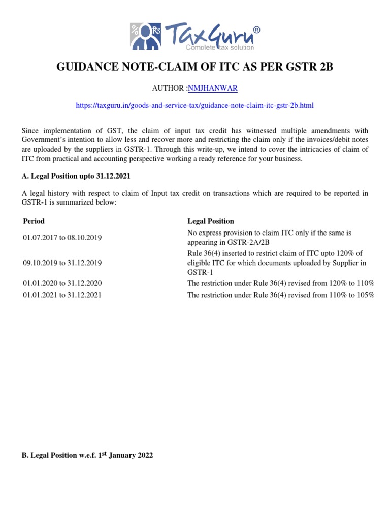 Guidance Note-Claim of ITC As Per GSTR 2B - Taxguru - in | PDF ...