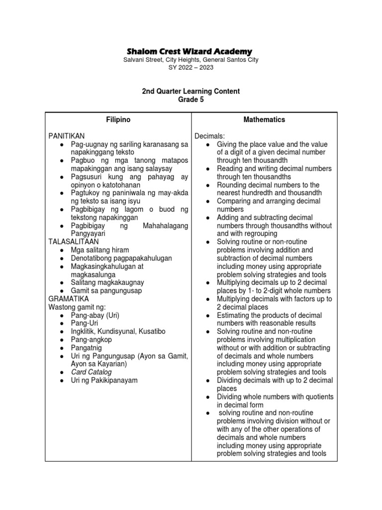 2ndQ LC Grade 5 | PDF | Ratio | Multiplication