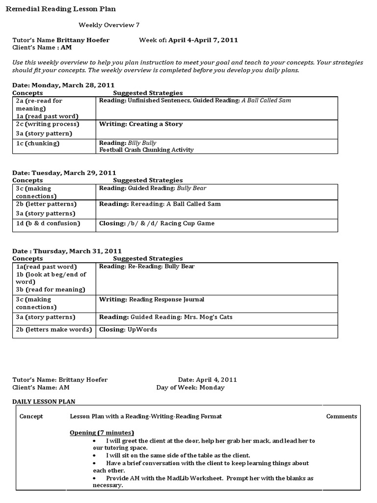 Remedial Reading Lesson Plan | PDF