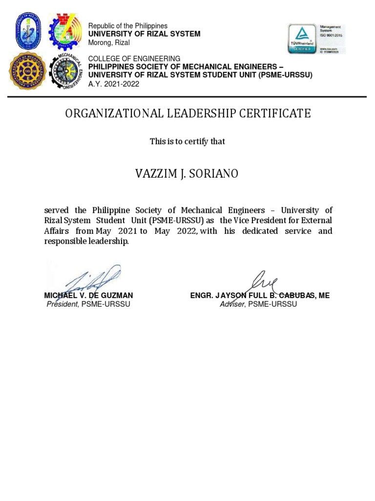 Soriano Organizational Certificate | PDF