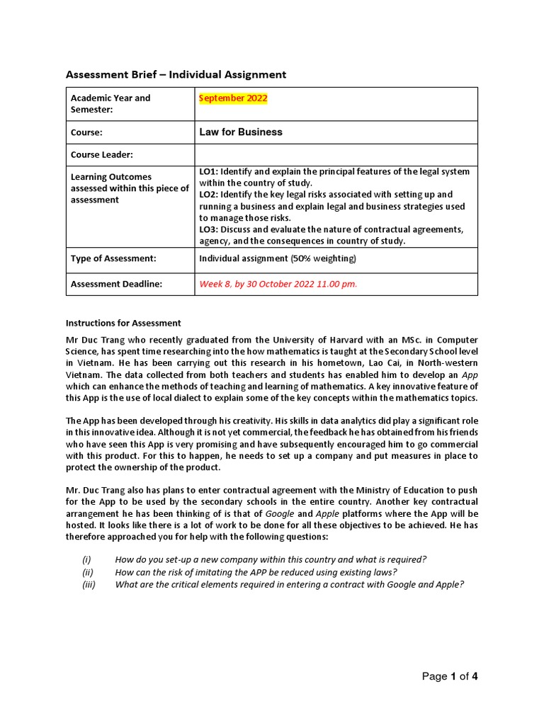 Assessment 1 - Law For Business - Individual Assignment | PDF ...