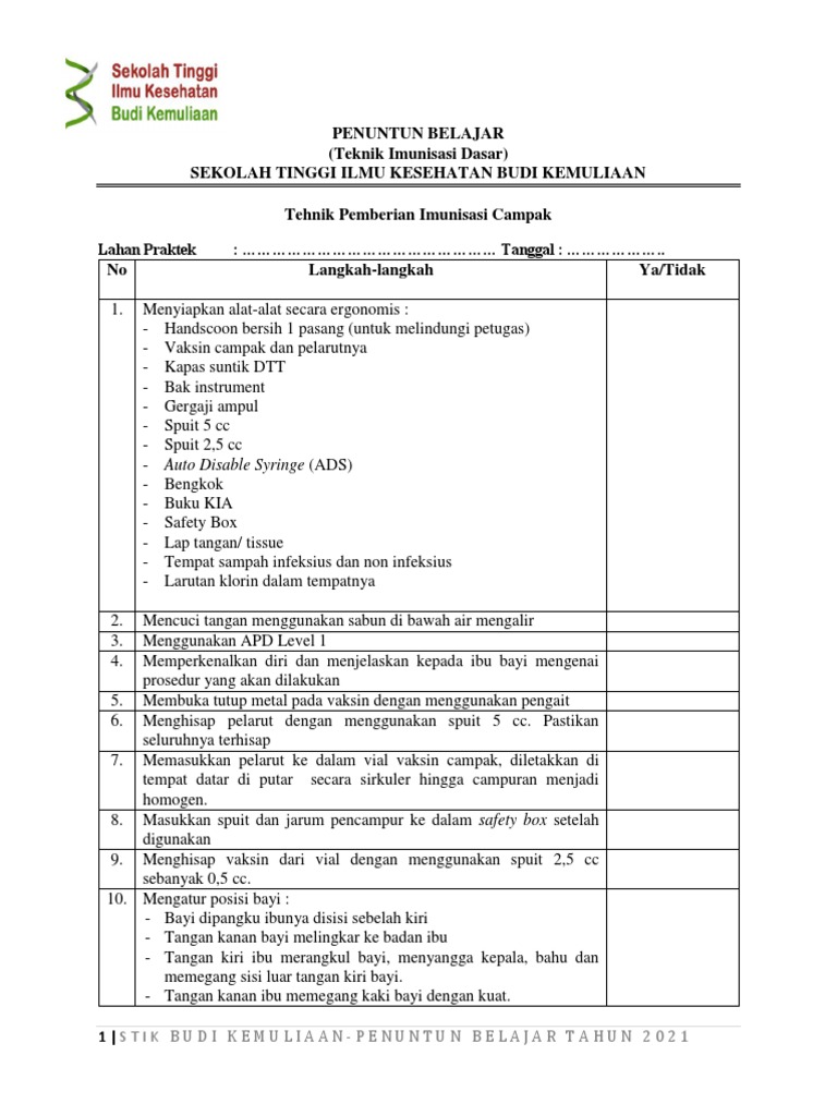 Penuntun Belajar (Daftar Tilik Set Imunisasi) | PDF