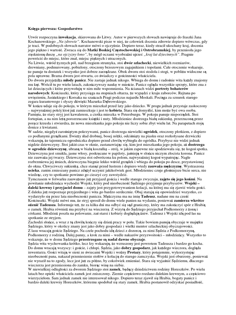 Pan Tadeusz - Streszczenie Szczegółowe | PDF