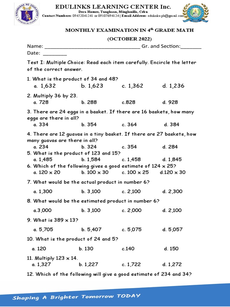 4th Grade Math Monthly Exam 2022 | PDF | Tests