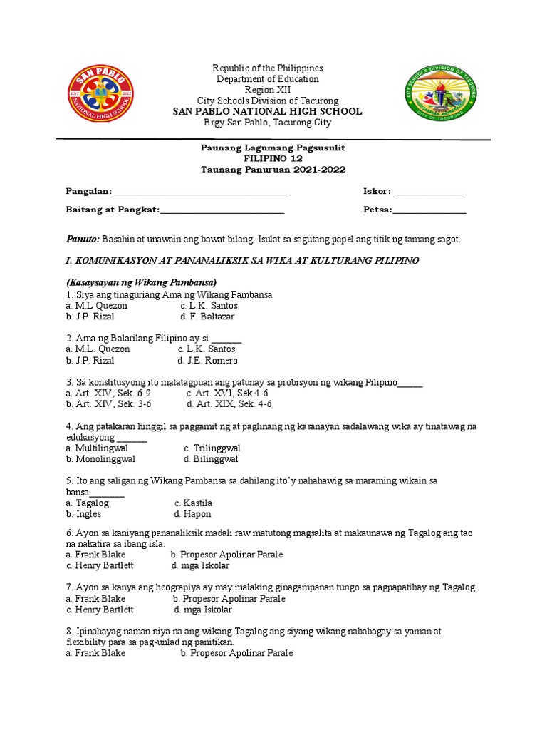 Grade 12 - Filipino | PDF