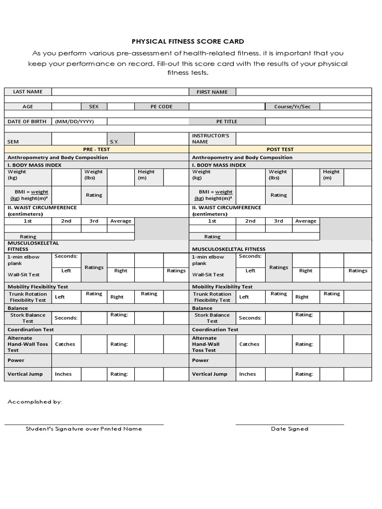 Physical Fitness Score Card - Latest 2021 | PDF | Body Mass Index ...