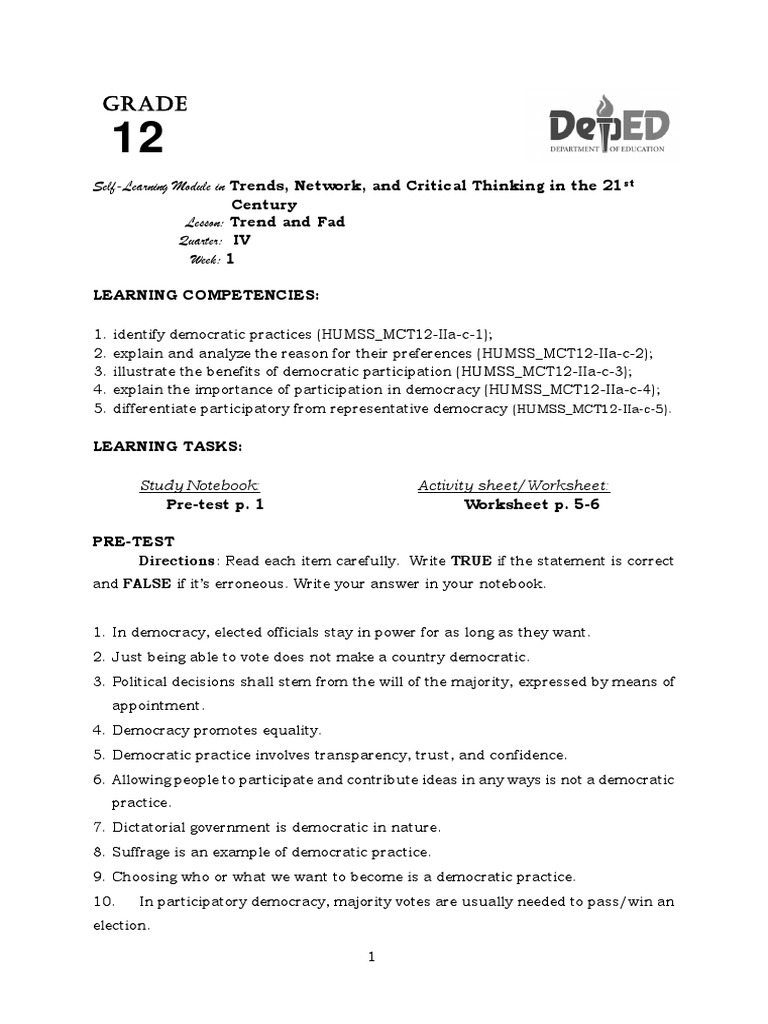 Grade 12 Self-Learning Module on Trends and Critical Thinking | PDF ...