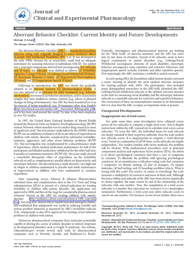 Aberrant Behavior Checklist Current Identity and Future Developments 2161 1459.1000e114 | PDF ...
