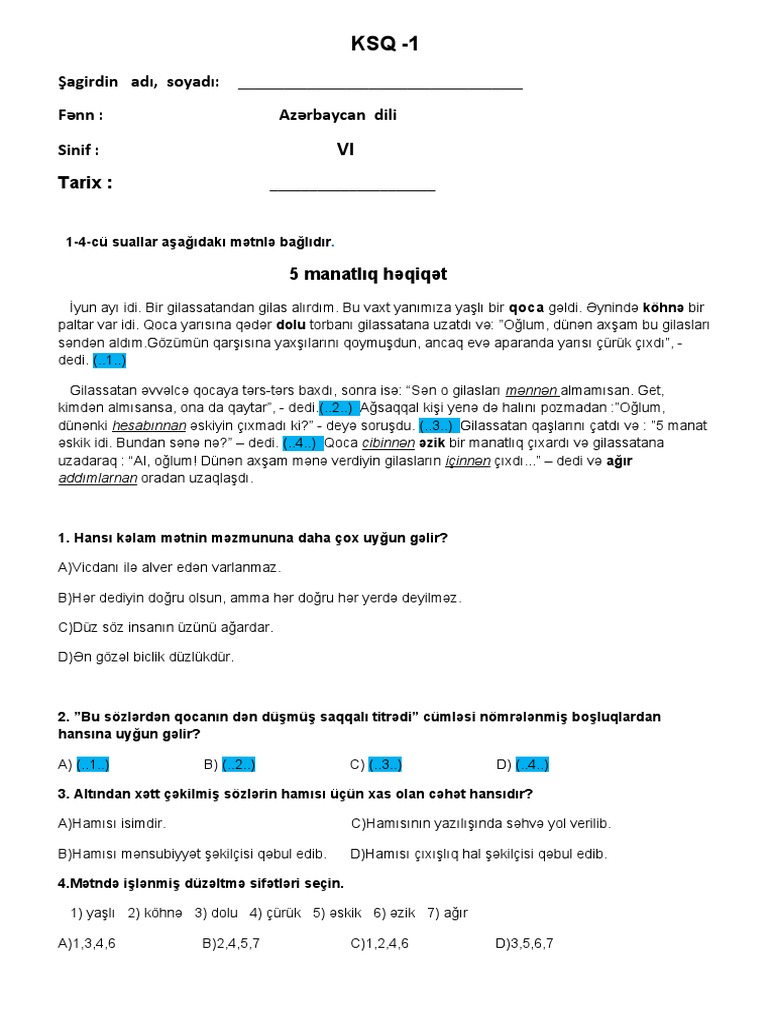 Azərbaycan Dili Vı Sinif KSQ 1 | PDF