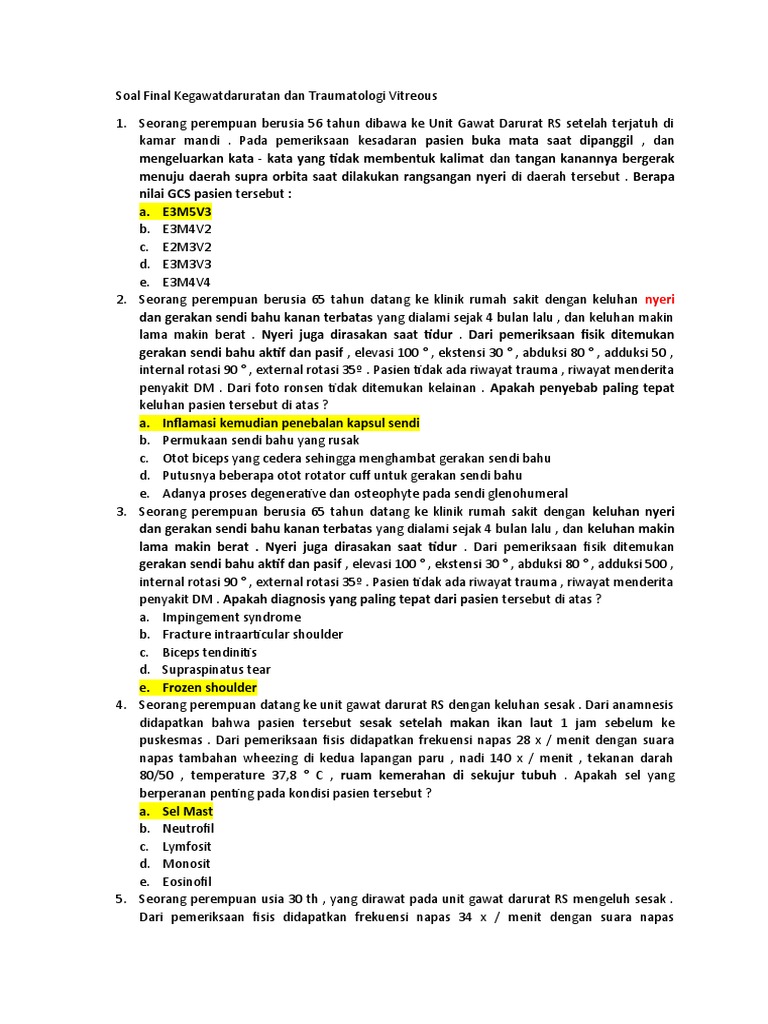 Soal+Ans Final Kegawatdaruratan Dan Traumatologi Vitreous | PDF