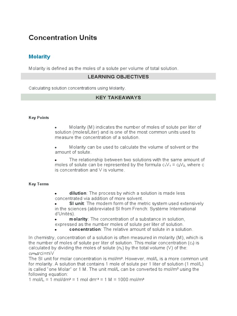 Concentration Units | PDF | Concentration | Mole (Unit)