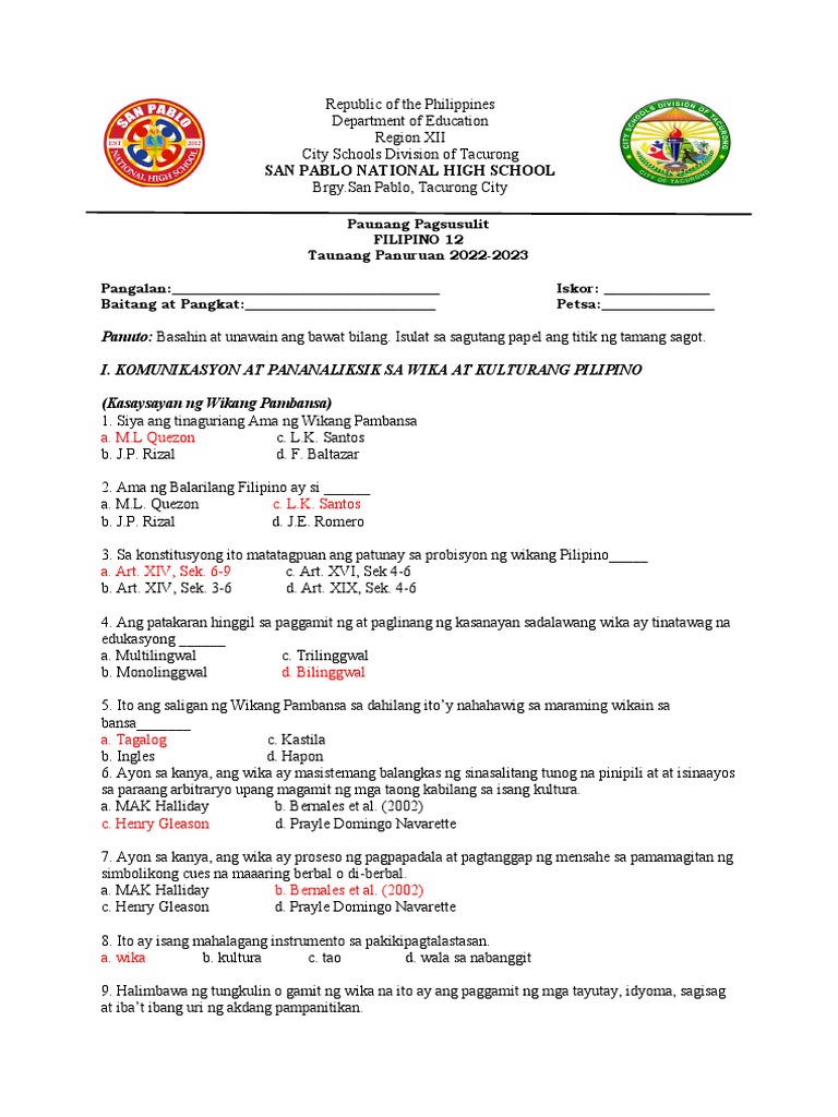 GRADE 12 - FILIPINO POST TEST Answer Key | PDF