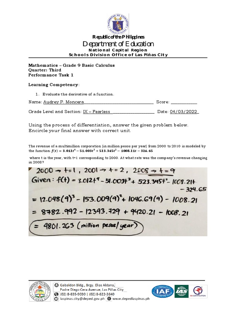 Q3 BASIC CALCULUS Performance Task #1 | PDF