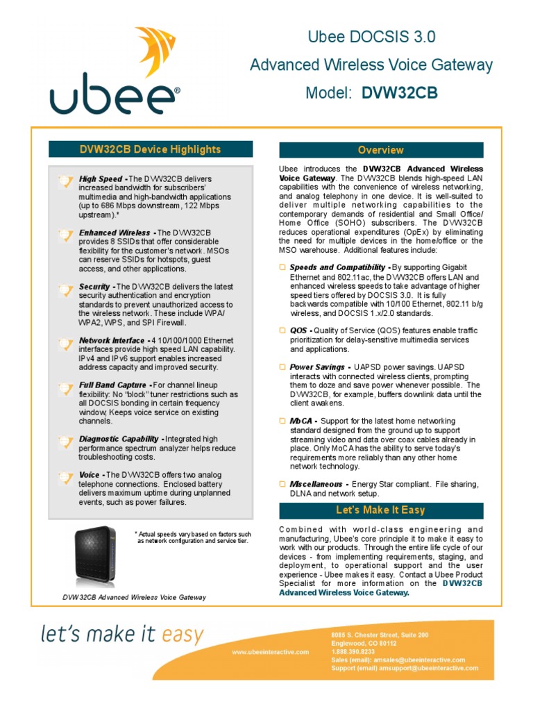 Ubee DOCSIS 3.0 Advanced Wireless Voice Gateway Model: DVW32CB | PDF ...