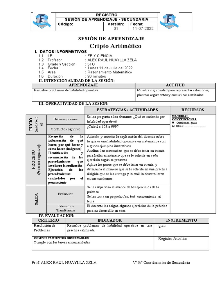 5to Sesión RM Criptoaritmetica | PDF | Aprendizaje | Evaluación