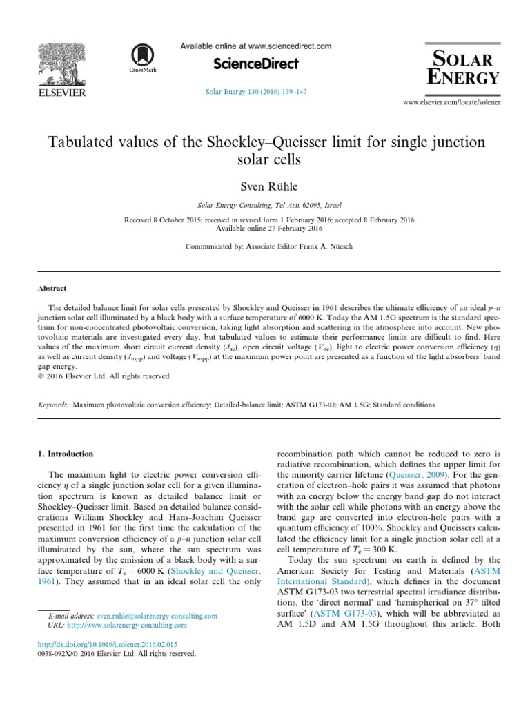(16solar Energy) Tabulated Values of The Shockley-Queisser Limit For ...