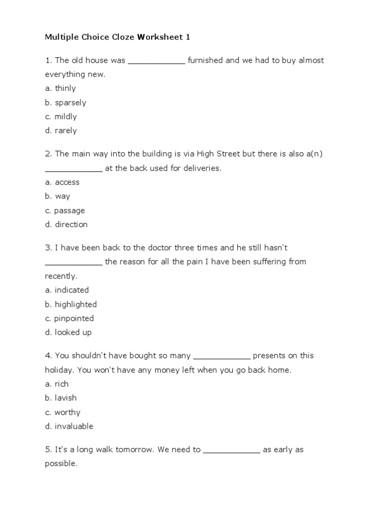 Multiple Choice Cloze Worksheets | PDF