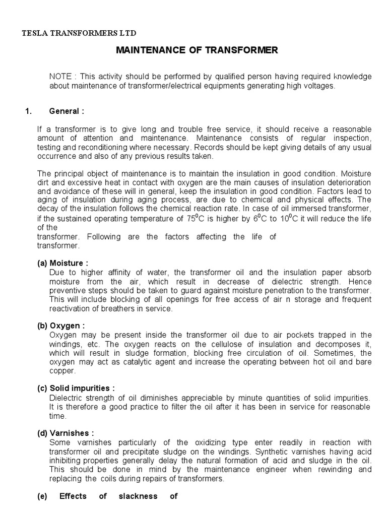 Maintenance of Transformer | PDF | Transformer | Insulator (Electricity)
