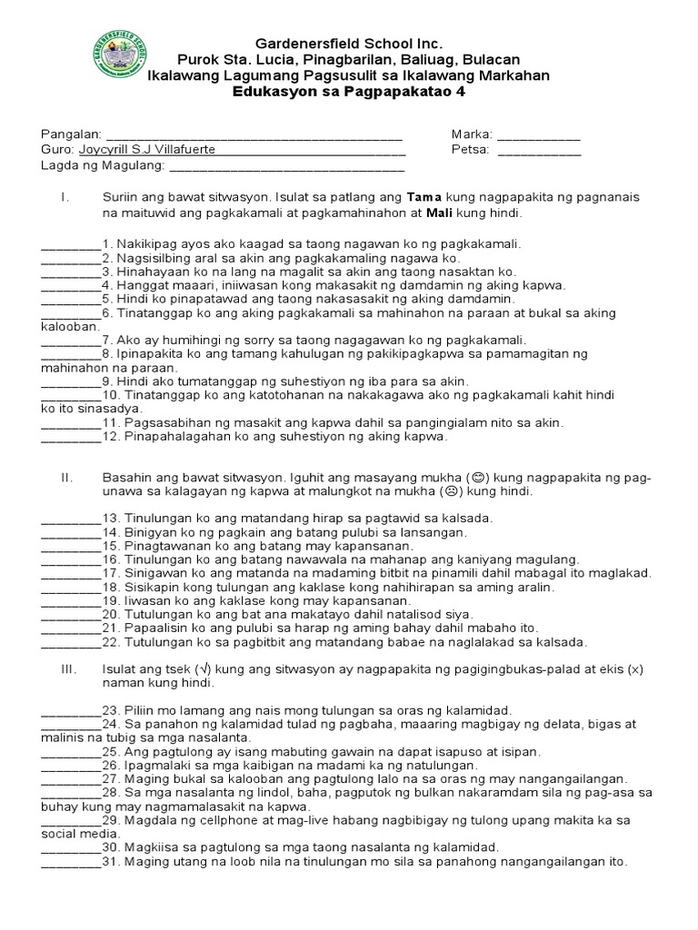 Esp 4 Esp Second Summative Exam Done Pdf