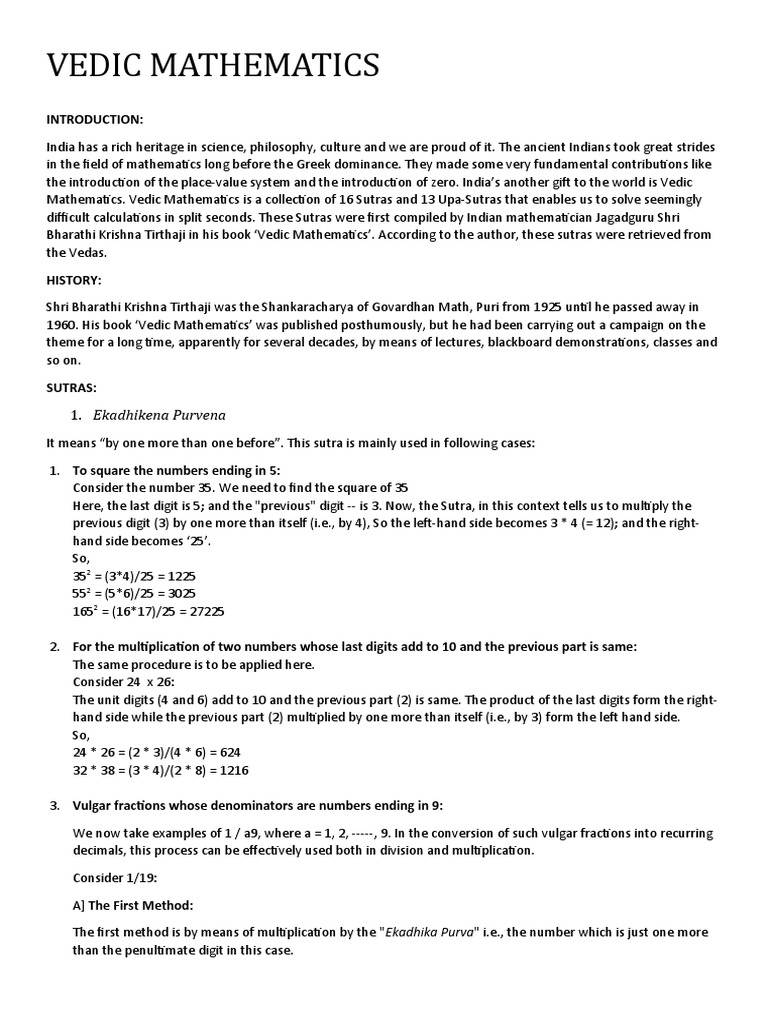 Vedic Mathematics: Key Sutras Explained | PDF | Mathematics | Division ...