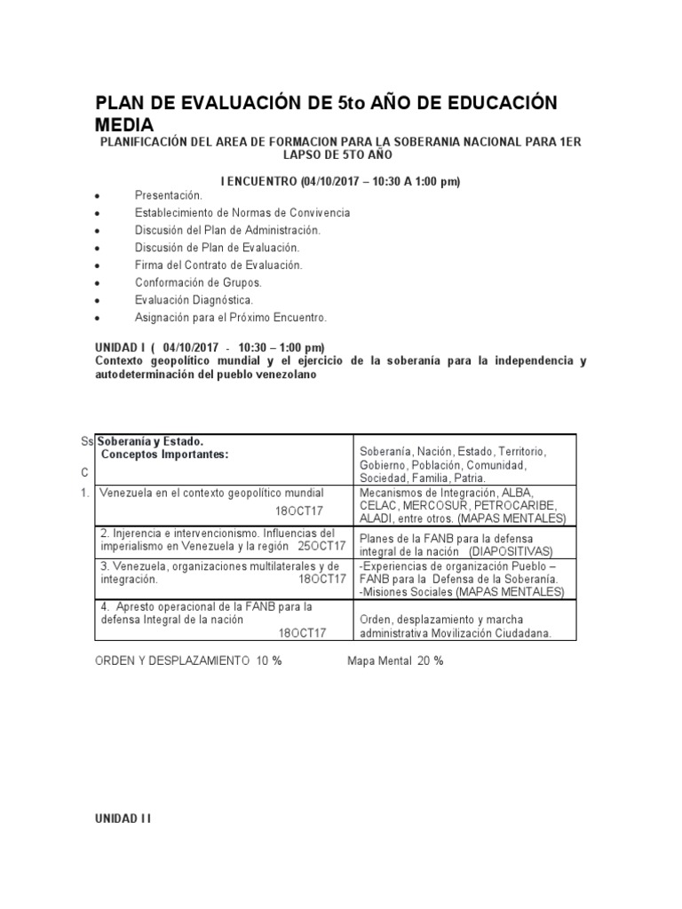 Plan De Evaluación De 5to Año De Educación Media Manuelita Saenz Pdf