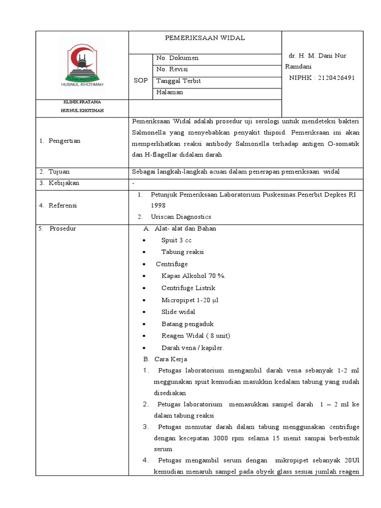 Sop Pemeriksaan Widal | PDF