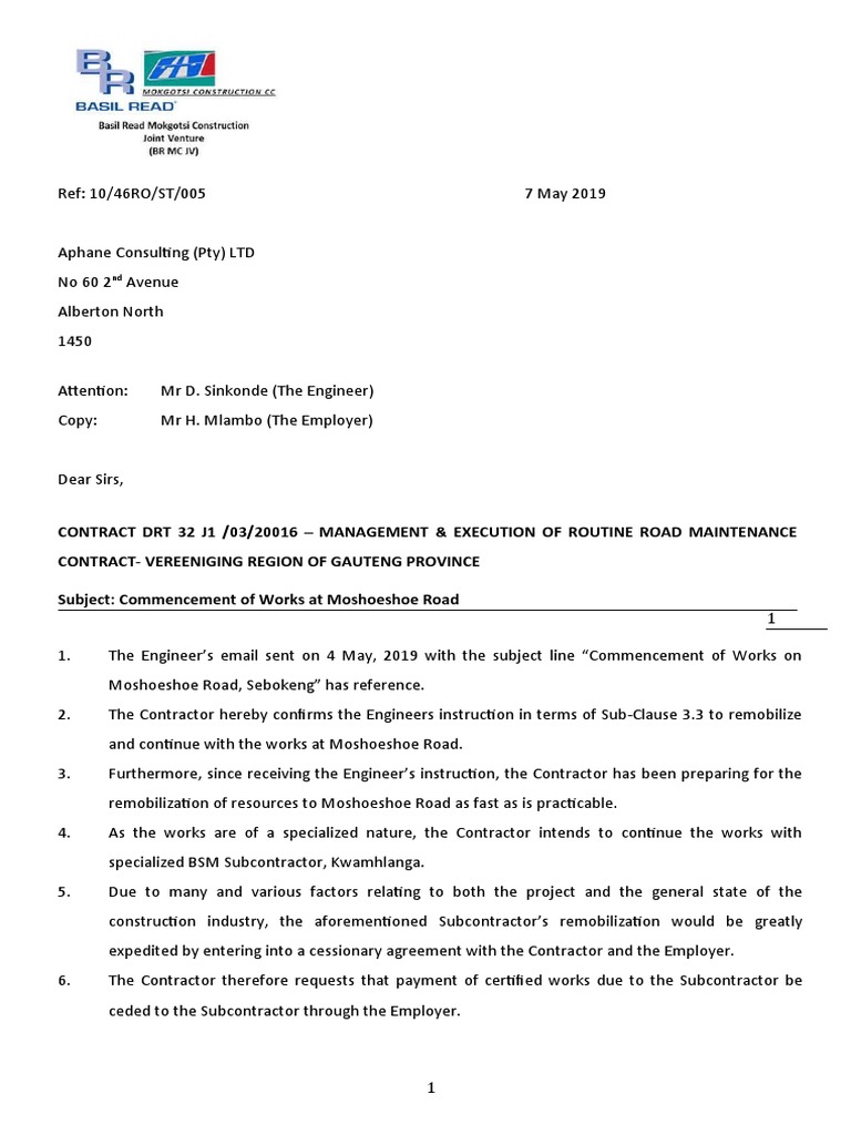 10-48RO-ST-005 Commencement of Works at Moshoeshoe Road | PDF