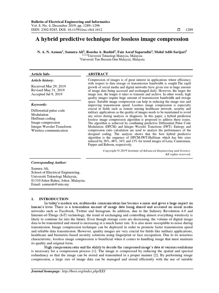 A Hybrid Predictive Technique For Lossless Image Compression Pdf Data Compression Wavelet