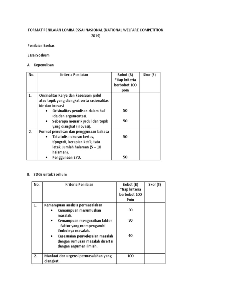 FORMAT PENILAIAN LOMBA ESSAI NASIONAL Soshum (Berkas) | PDF