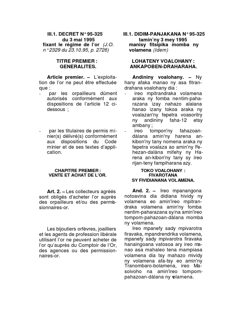 Madagascar Decret 1995 325 Regime or | PDF